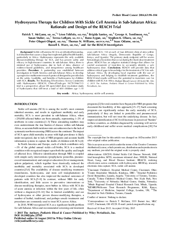 (PDF) Hydroxyurea therapy for children with sickle cell anemia in sub ...