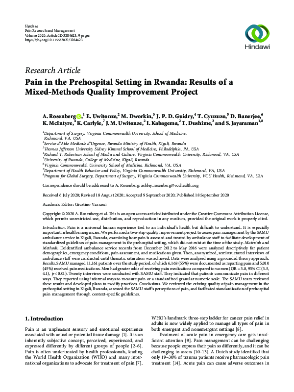 (PDF) Pain in the Prehospital Setting in Rwanda: Results of a Mixed ...