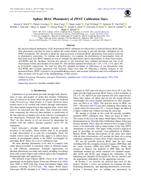 (PDF) Spitzer IRAC Photometry of JWST Calibration Stars | Carl ...