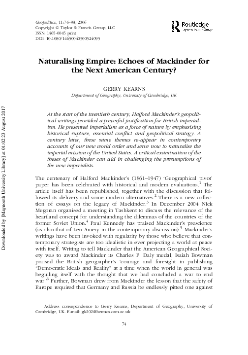 (PDF) Naturalising Empire: Echoes of Mackinder for the Next American ...