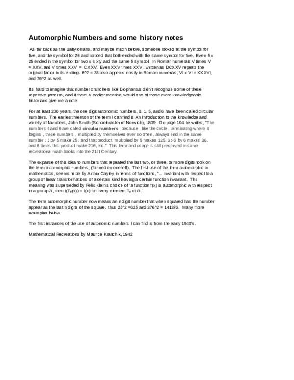 (PDF) Automorphic Numbers and some history notes