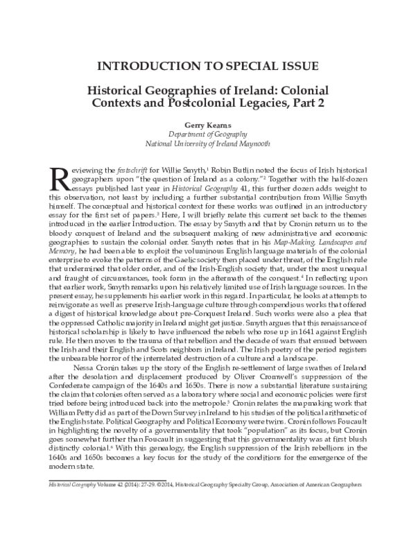 (PDF) Historical Geographies of Ireland: ColonialContexts and Postcolonial Legacies, Part 2