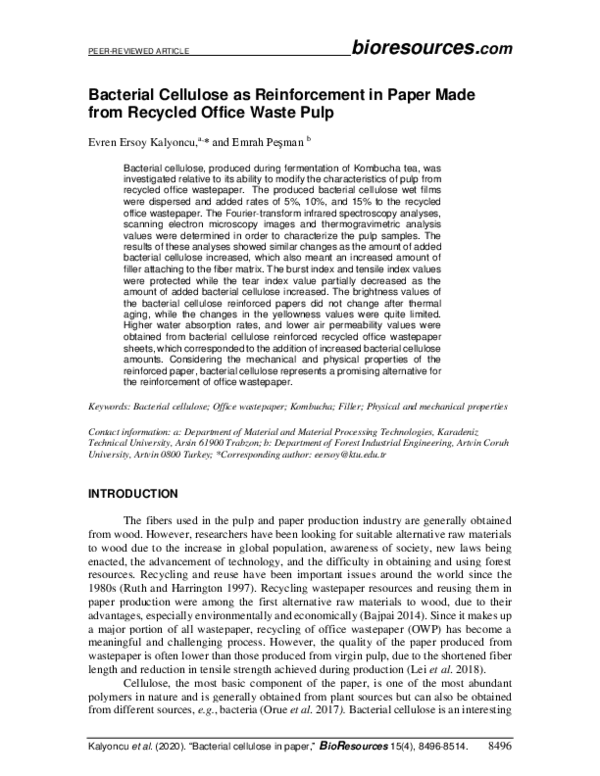 (PDF) Bacterial cellulose as reinforcement in paper made from recycled ...