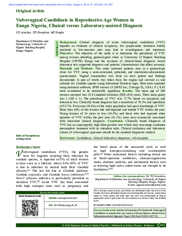 (PDF) Vulvovaginal candidiasis in reproductive age women in Enugu ...