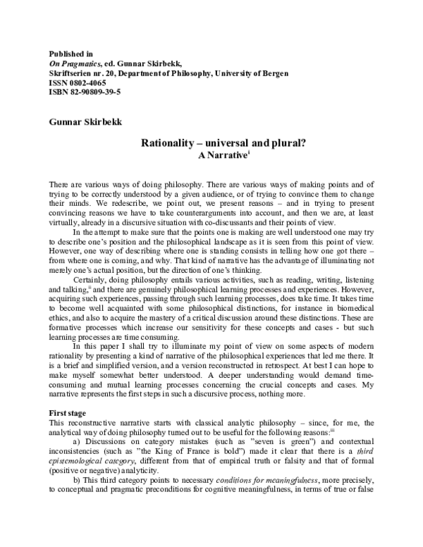 (PDF) Gunnar Skirbekk Rationality – universal and plural ? A Narrative