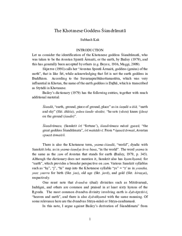 (PDF) The Khotanese Goddess Śśandrāmatā