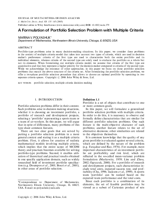 Pdf Multi Criteria Portfolio Selection Methods 