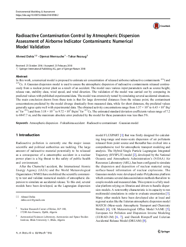 (PDF) Radioactive Contamination Control by Atmospheric Dispersion Assessment of Airborne ...