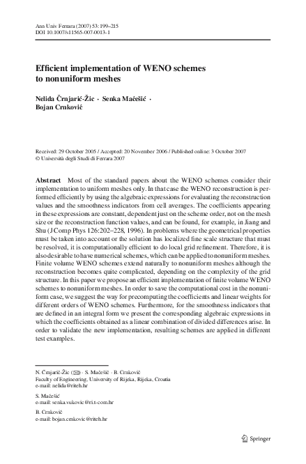 (PDF) Efficient implementation of WENO schemes to nonuniform meshes | Nelida Crnjaric-Zic ...
