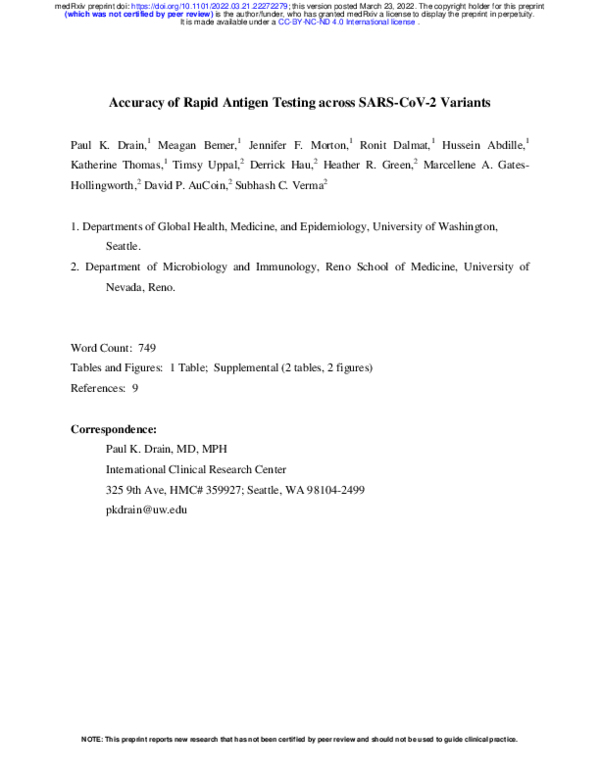 (PDF) Accuracy of Rapid Antigen Testing Across SARS-CoV-2 Variants