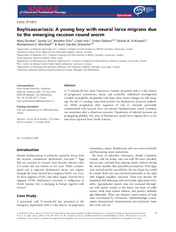 (PDF) Baylisascariasis: A young boy with neural larva migrans due to ...