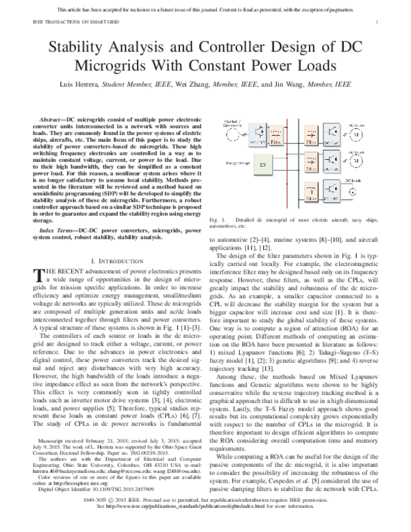 (PDF) Stability analysis and controller design of DC microgrids with constant power loads