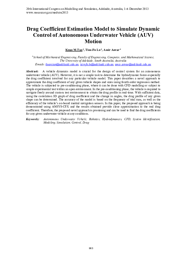 Pdf Drag Coefficient Estimation Model To Simulate Dynamic Control Of Autonomous Underwater