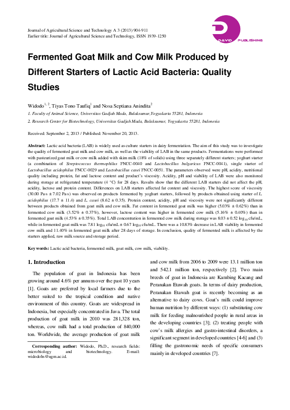 (PDF) Fermented Goat Milk and Cow Milk Produced by Different Starters ...