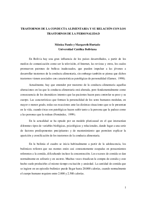(PDF) Trastornos De La Conducta Alimentaria y Su Relación Con Los Trastornos De La Personalidad