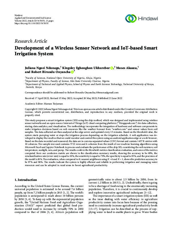 (PDF) Development of a Wireless Sensor Network and IoT-based Smart Irrigation System