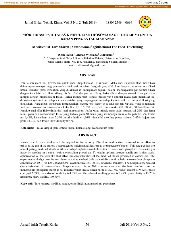 (PDF) Modifikasi Pati Talas Kimpul (Xanthosoma Sagittifolium) Untuk ...