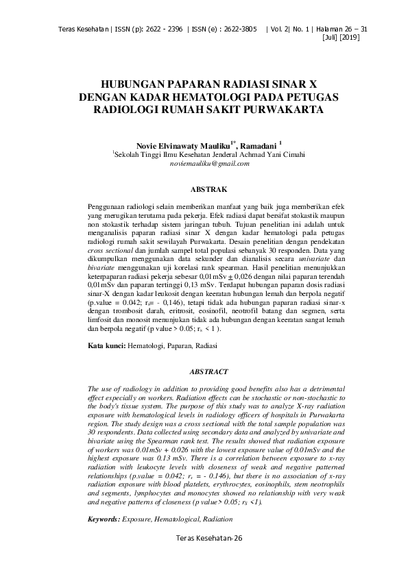 (PDF) Hubungan Paparan Radiasi Sinar X Dengan Kadar Hematologi Pada ...