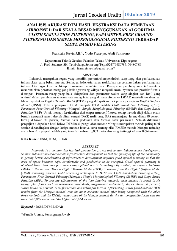 Pdf Analisis Akurasi Dtm Hasil Ekstraksi Data Pemetaan Airborne Lidar Skala Besar Menggunakan