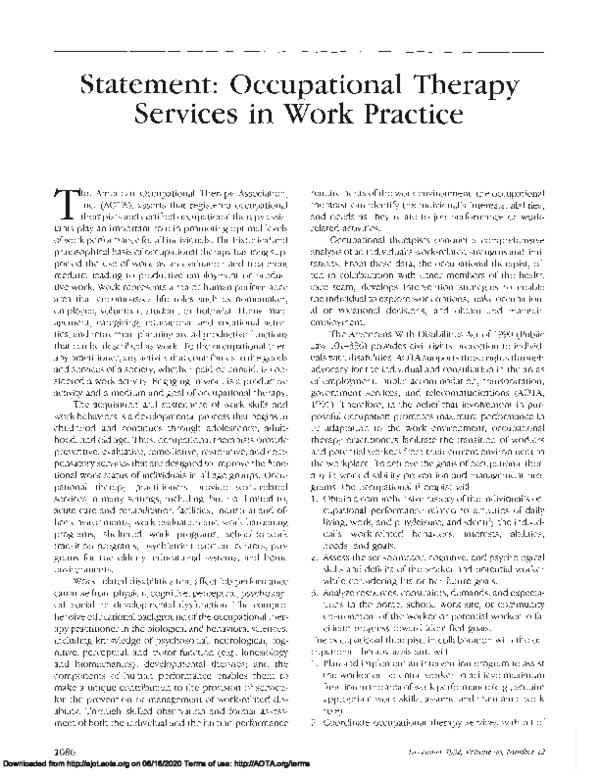 (PDF) Statement: Occupational Therapy Services in Work Practice