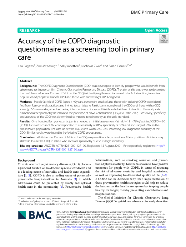 (PDF) Accuracy of the COPD diagnostic questionnaire as a screening tool ...