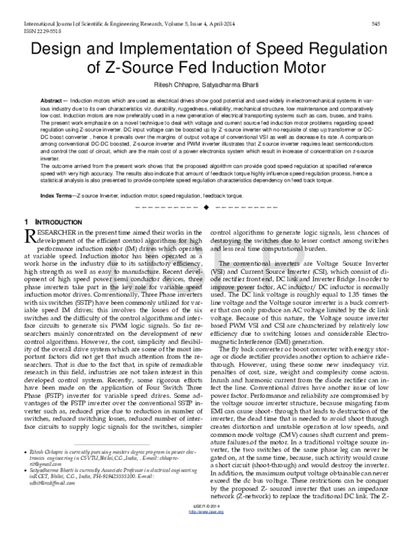 (PDF) Speed Regulation of Z-Source Induction Motor
