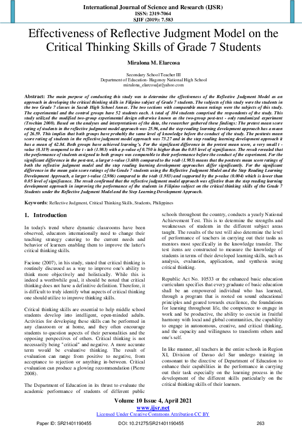 (PDF) Effectiveness of Reflective Judgment Model on the Critical ...