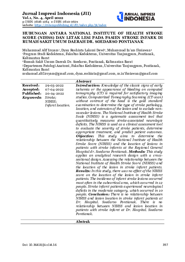(PDF) Hubungan Antara National Institute of Health Stroke Score (NIHSS) dan Letak Lesi Pada ...