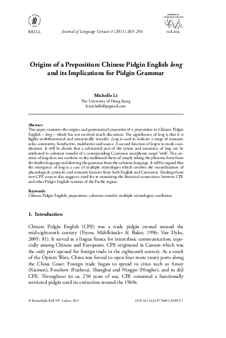 (PDF) Origins of a preposition: Chinese Pidgin English long and its ...