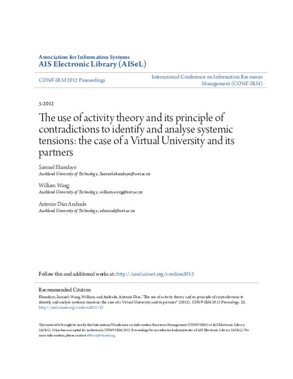 (PDF) The use of activity theory and its principle of contradictions to ...