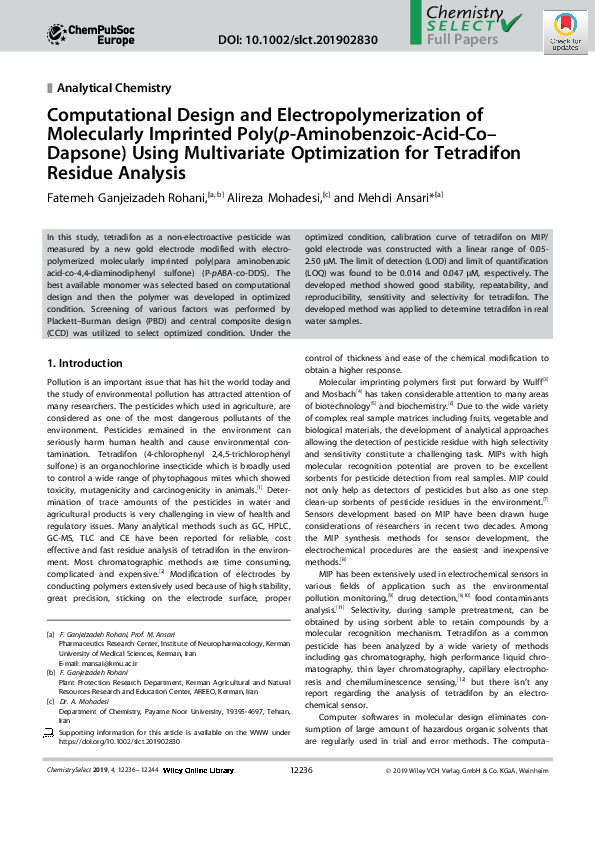 (PDF) Computational Design and Electropolymerization of Molecularly Imprinted Poly( p ...