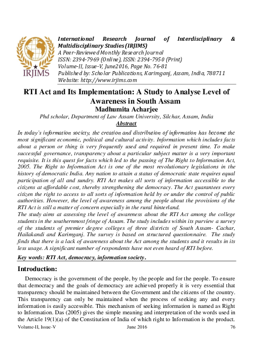 (PDF) RTI Act and Its Implementation: A Study to Analyse Level of ...