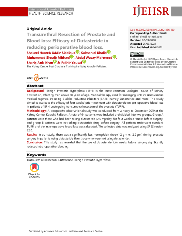 (PDF) Transurethral Resection of Prostate and Blood loss: Efficacy of ...