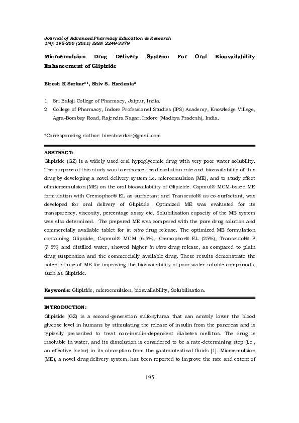 Pdf Microemulsion Drug Delivery System For Oral Bioavailability Enhancement Of Glipizide