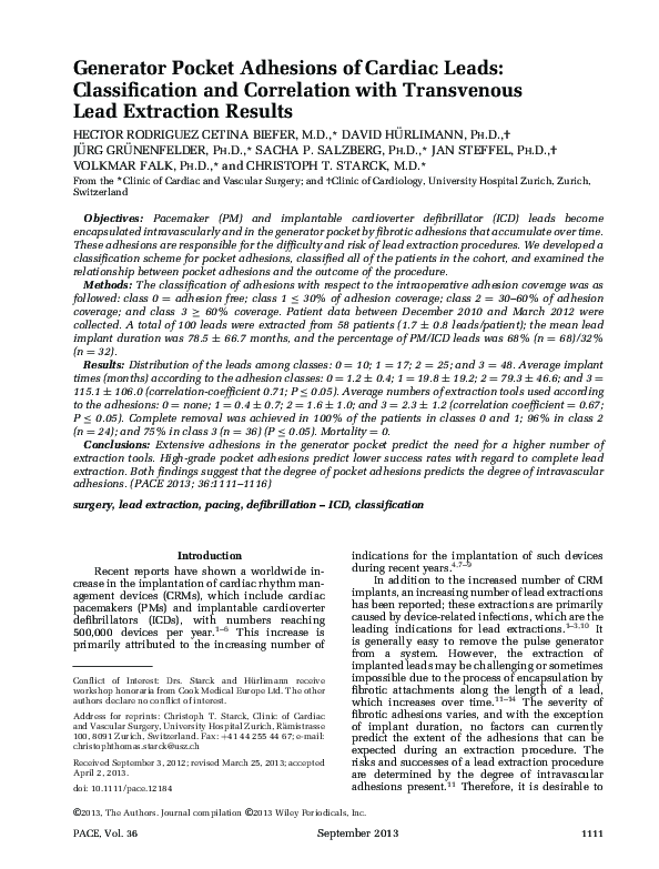 (PDF) Generator Pocket Adhesions of Cardiac Leads: Classification and ...