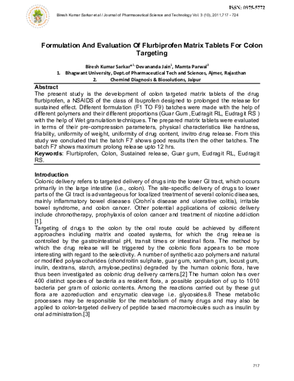 Pdf Research Article Formulation And Evaluation Of Flurbiprofen Matrix Tablets For Colon