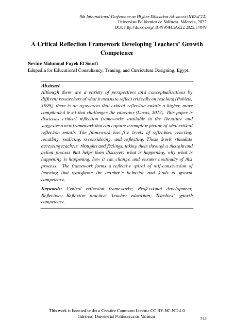 (PDF) A Critical Reflection Framework Developing Teachers’ Growth ...