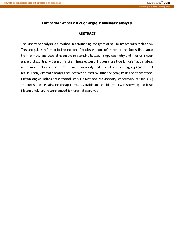 Pdf Comparison Of Basic Friction Angle In Kinematic Analysis