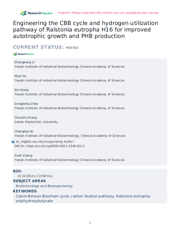 (PDF) Engineering the CBB cycle and hydrogen utilization pathway of ...
