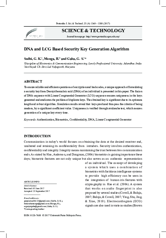 Pdf Science And Technology Dna And Lcg Based Security Key Generation Algorithm
