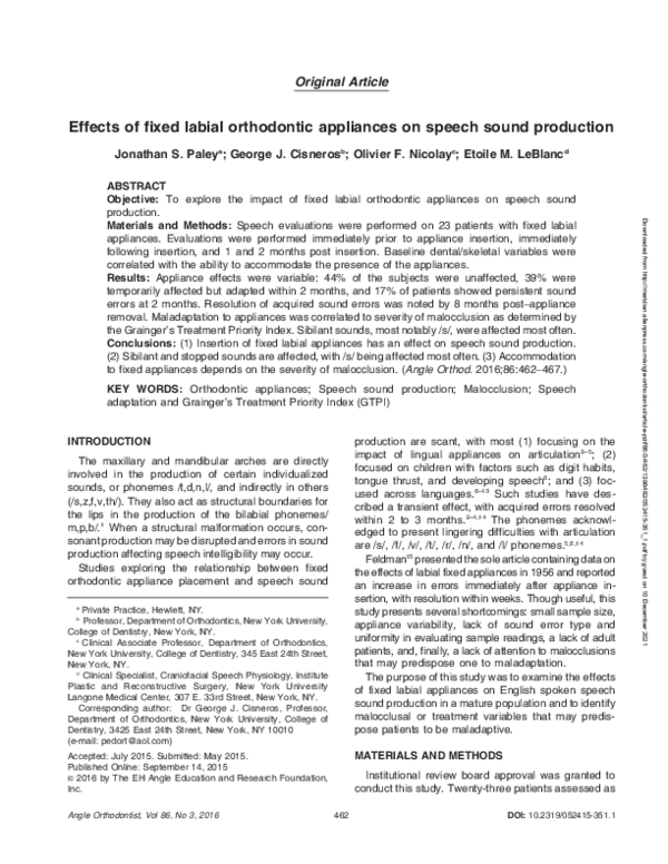 (PDF) Effects of fixed labial orthodontic appliances on speech sound ...