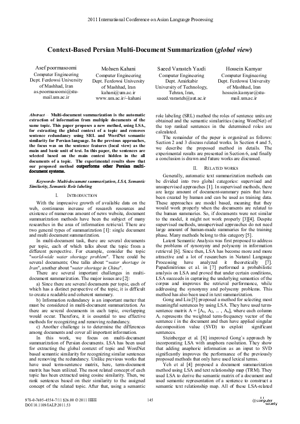 Pdf Context Based Persian Multi Document Summarization Global View