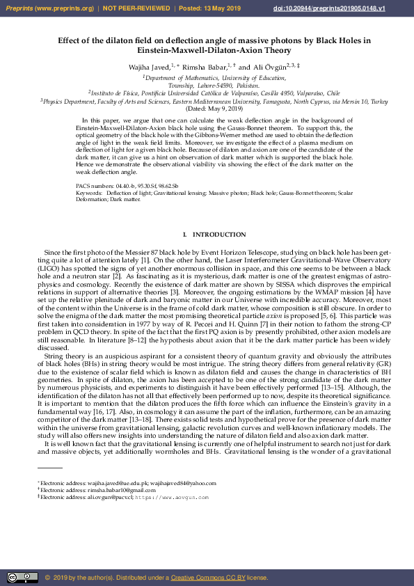 (PDF) Effect of the Dilaton Field on Deflection Angle of Massive Photons by Black Holes in ...