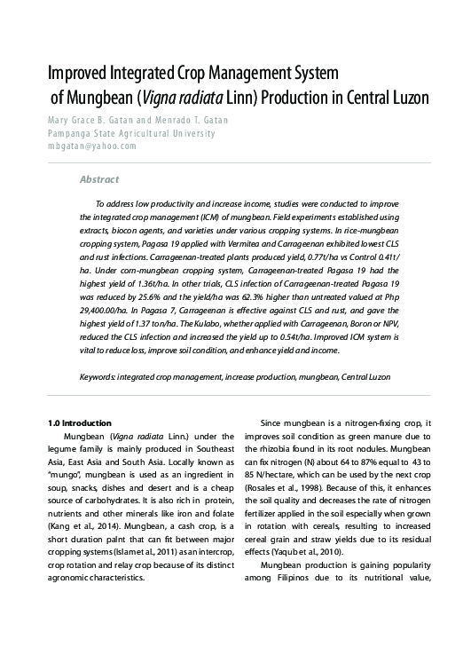 (PDF) Improved Integrated Crop Management System of Mungbean (Vigna radiata Linn) Production in ...