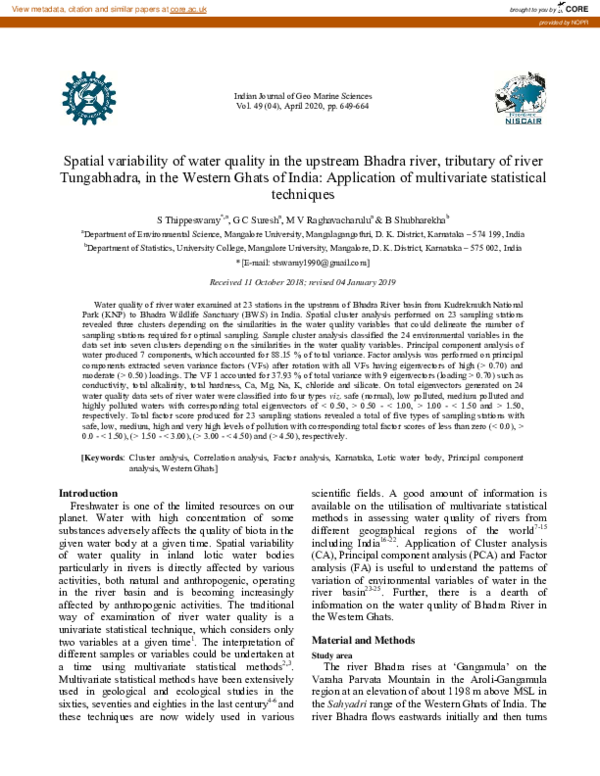 (PDF) Spatial variability of water quality in the upstream Bhadra river ...