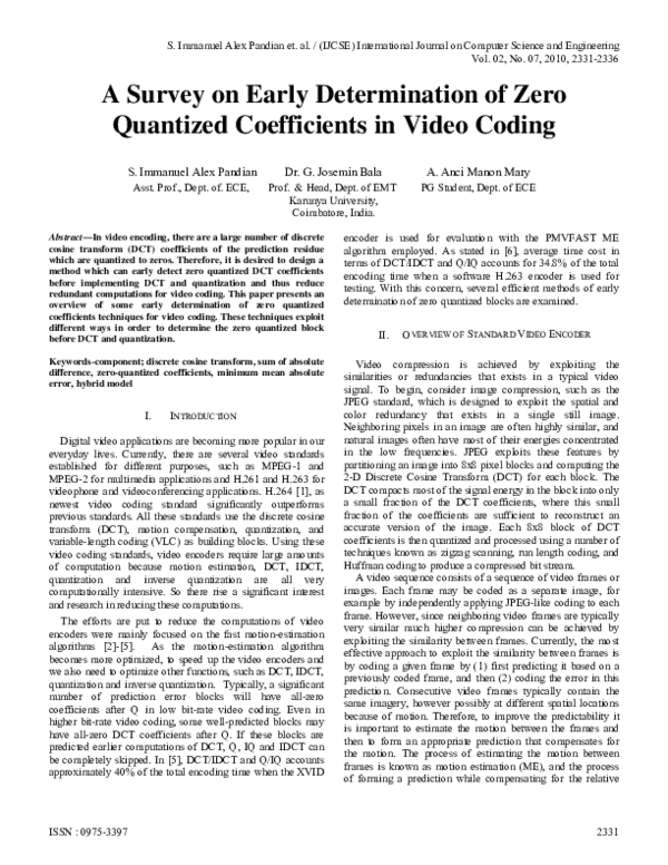 (PDF) A Survey on Early Determination of Zero Quantized Coefficients in Video Coding