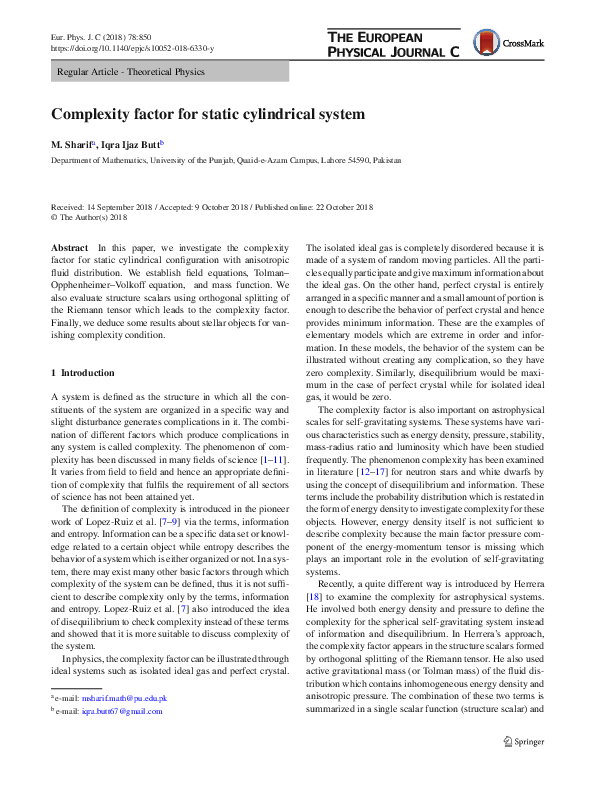 (PDF) Complexity factor for static cylindrical system
