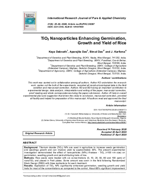 (PDF) TiO2 Nanoparticles Enhancing Germination, Growth and Yield of Rice