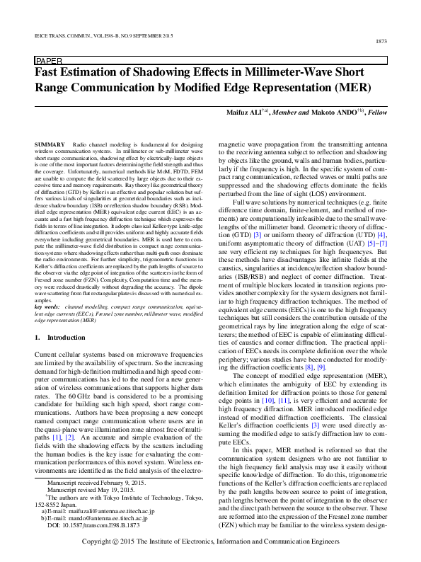 (PDF) Fast Estimation of Shadowing Effects in Millimeter-Wave Short ...