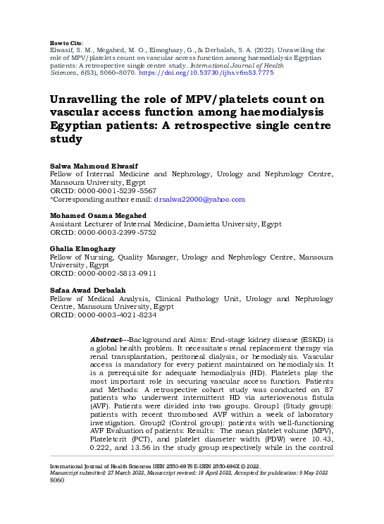(PDF) Unravelling the role of MPV/platelets count on vascular access ...